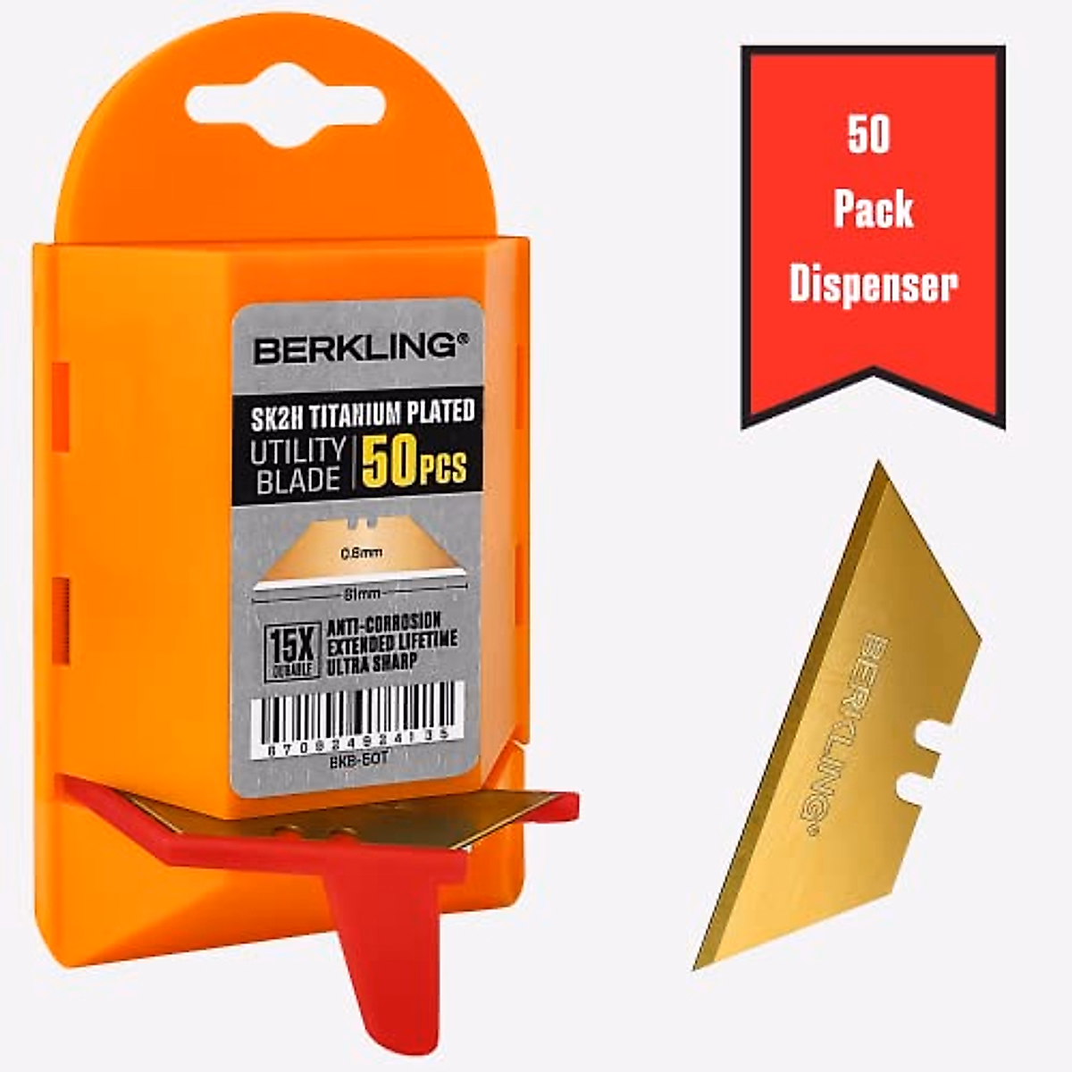 Berkling Utility Knife Blades Titanium Fully Plated 50-Pack With Dispenser, SK2H Laser Sharpened Hardened, Ultra 3X Sharper and 15X More Durable, Standard T-Shape for Most of Cutters & Knives