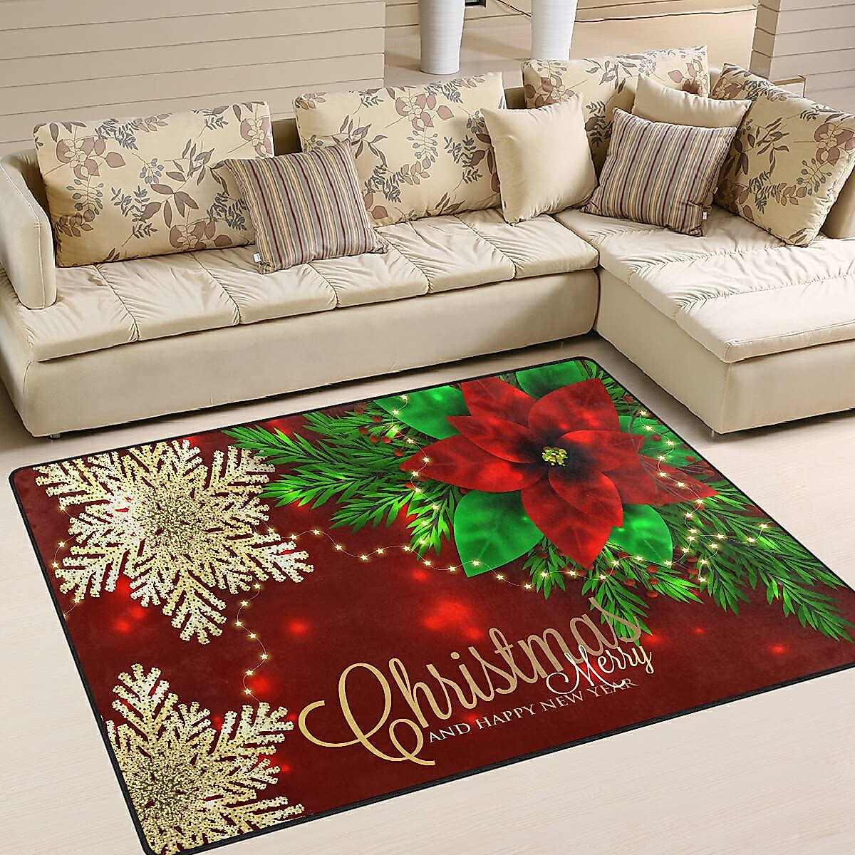 ALAZA Christmas Poinsettia Snowflakes Flower Non Slip Area Rug 4' x 5' for Living Dinning Room Bedroom Kitchen Hallway Office Modern Home Decorative