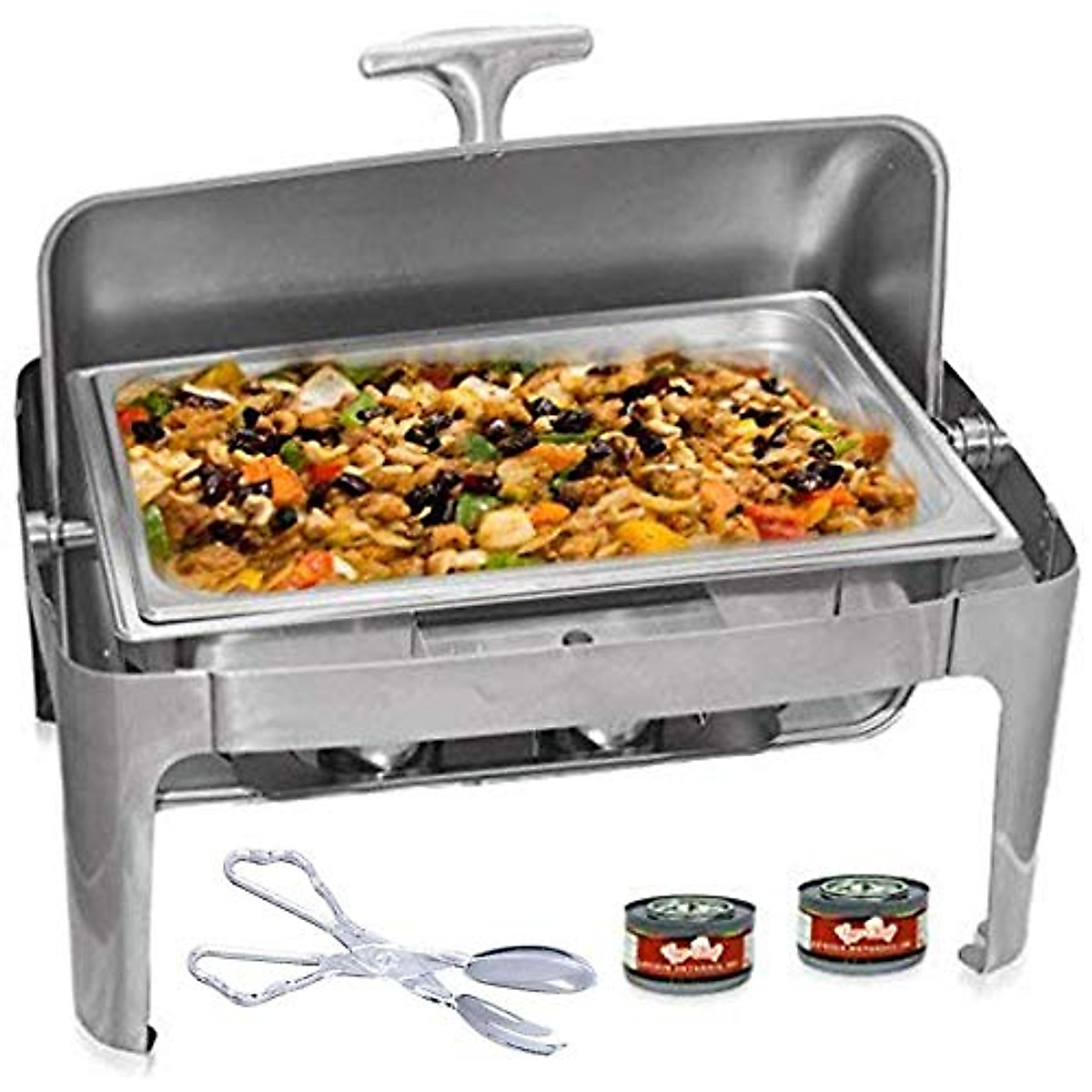 TigerChef Chafing Dish Buffet Set - Roll Top Chaffing Dishes Stainless Steel - 3 Chafer and Buffet Warmer Set with 6 Fuel Gel and 3 Plastic Tongs