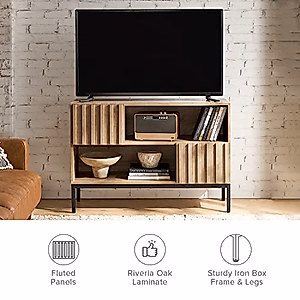 mopio Norwin Entryway Table, Modern Rustic Industrial Farmhouse Console Sofa Table, Display Shelf, Accent Cabinet, with Metal Legs, Soft Close Door, Storage Shelves, & Leveler, for Living Room