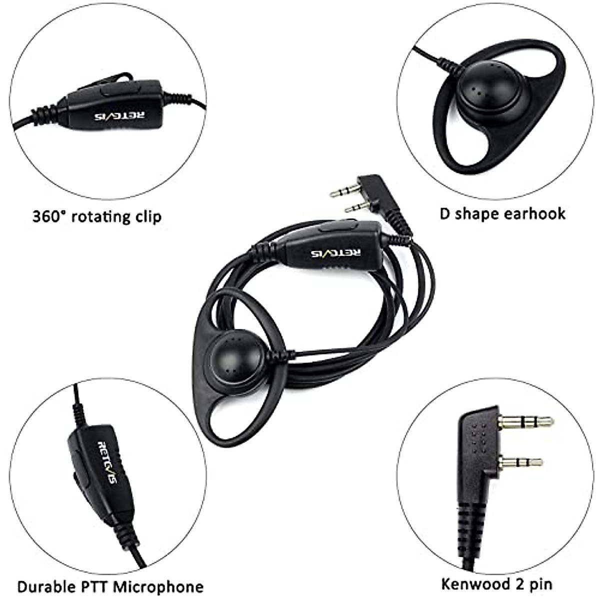 Retevis 2 Way Radio Earpiece with Mic 2 Pin D-Type Walkie Talkie Earpiece Compatible with Baofeng 888S UV-5R UV-82 H-777 RT21 RT22 Two Way Radios (1 Pack)