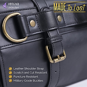Ventiva - Black Leather Knife Roll Storage Bag, 9 Pockets w/ Large Utility Pocket, Adjustable/Detachable Shoulder Strap, Travel-Friendly and Durable