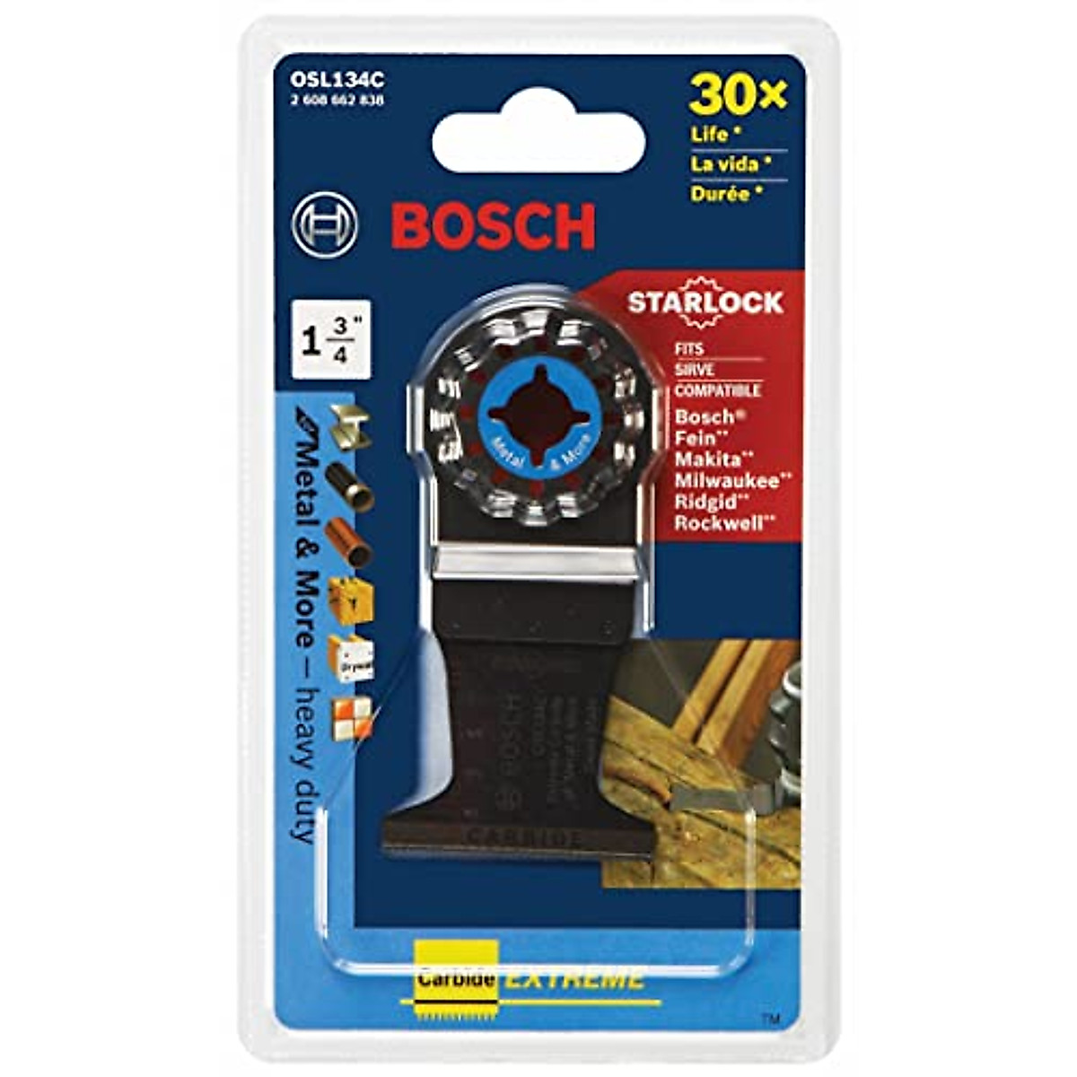 BOSCH OSL134C 1-Piece 1-3/4 In. Starlock Oscillating Multi Tool Metal & More Carbide Extreme Plunge Cut Blade for Cutting Iron Bar, Metal, Wood with Nails, Drywall and Tile
