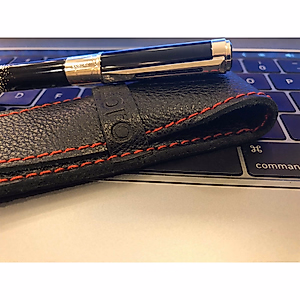 DiLoro Full Grain Leather Single Pen Case Holder Pouch Pencil Organizer (Buffalo Black w Red)