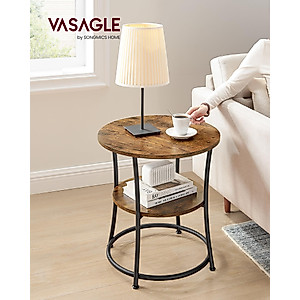 VASAGLE Side Table, Round End Table with 2 Shelves for Living Room, Bedroom, Nightstand with Steel Frame for Small Spaces, Outdoor Accent Coffee Table, Rustic Brown and Ink Black