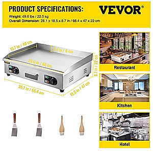 VEVOR Commercial Electric Griddle, 26" Teppanyaki Grill, 3200W Electric Flat Top Grill, Stainless Steel Electric Countertop Griddle w/Drip Hole, 50-300℃ Electric Griddle for Pancake, Chicken（No Plug)