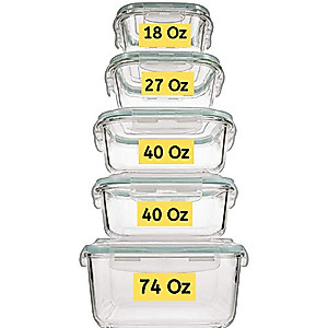 Glass Food Storage Containers 10 Pc, Airtight Glass Storage Containers with Lids, Glass Lunch Bento Boxes, Leak Proof BPA Free Large Glass Containers (5 lids, 5 Containers) Glass Containers with Lids