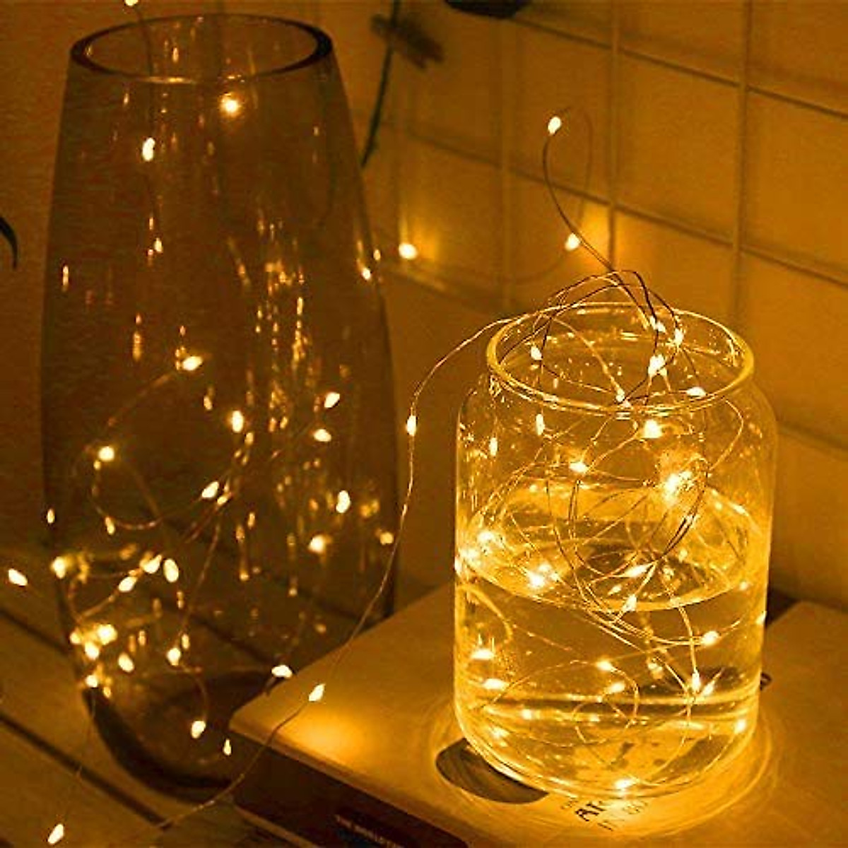 12 Pack Fairy Lights Battery Operated, 6.5Ft 20 Led Waterproof Mini Firefly String Lights with Flexible Silver Wire for Wedding Centerpieces, Mason Jar Craft, Christmas Garlands, Party Decor,Amber