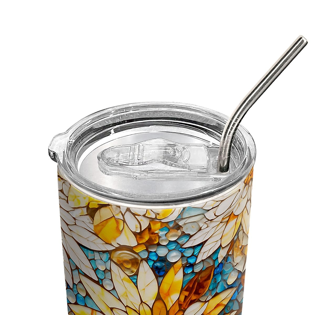 ORCAE 20oz Beautiful Colorful Daisy Flower, Stained Glass Style Flowers, Yellow Flower Tumbler Cup, Insulated Travel Mug with Lid, Coffee Thermos for Men, Women, Gifts for Women - C