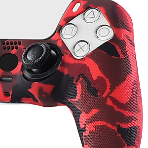YoRHa Studded Printing Silicone Cover Skin Case for PS5 Controller x 1(Red) with Pro Thumb Grips x 10