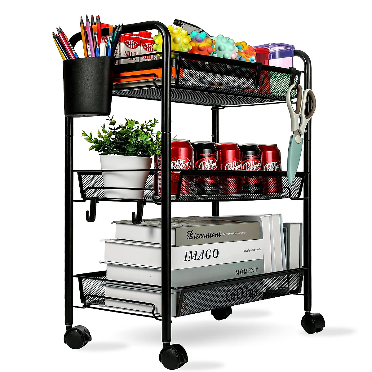 3 Tier All-Metal Rolling Cart, Trolley Craft Cart with Locking Wheels, Easy-Carry and Assembly Mesh Trolley Cart with 1 Small Baskets and 4 Hooks for Bathroom Kitchen Office Balcony Living Room