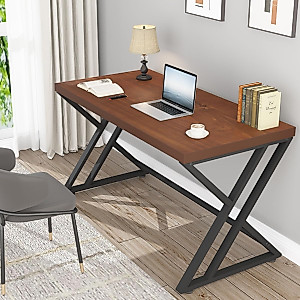 FurniChoi Solid Wood Computer Desk, Farmhouse Natural Wood Executive Office Desk, Industrial Writing Desk for Study and Work, Real Wood and Metal Computer Table for Bedroom Living room, Brown, 55 Inch