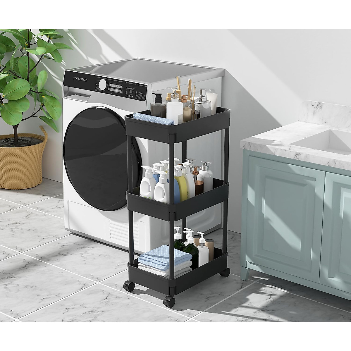 Sooyee 3-Tier Plastic Rolling Utility Cart with Wheels, Multi-Functional Storage Trolley for Office, Living Room, Kitchen, Movable Storage Organizer with Wheels, Black