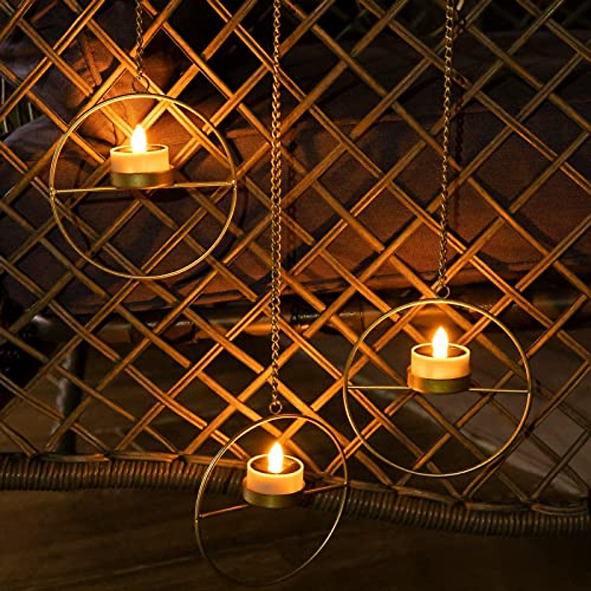 Solar Hanging Candle Lanterns Lights, ALL FORTUNE Outdoor Round Golden Metal Candle Lantern Holder with Flameless Tea Lights, Perfect for Garden, Backyard Decor, Home, Tree, Yard-Set of 3
