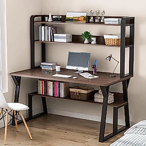 Leconte Computer Desk with Hutch, 47” Writing Study Table + Book and Storage Shelves, Space Saving Home Office Workstation, Brown