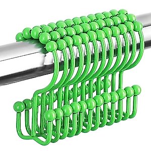 Qazvmlp Shower Curtain Hooks,304 Stainless Steel Shower Rings for Bathroom,Double Glide Shower Hooks for Bathroom Shower Curtain Rods Curtains,Set of 12 Hooks,Fluorescent Green（Style A）