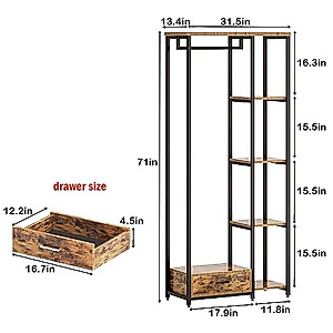 soges Free-Standing Garment Rack, Clothing Rack Clothes Organizer with 5-Tier Shelves,Hanging Rod and Drawer, Open Wardrobe Closet Storage Organizer,Portable Coat Rack, 10JYBJCR03TK