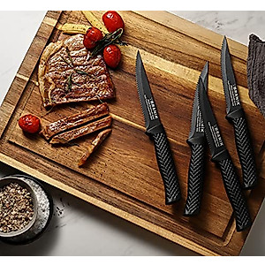 BRANIK Black Steak Knives set of 4, Special Non-Stick Coating on each of these Steak knives making them dishwasher safe. This Black Steak Knife Set is razor-sharp, lightweight, and user-friendly.