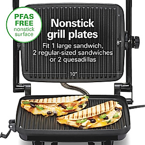 Hamilton Beach Electric Panini Press Grill with Locking Lid, Opens 180 Degrees for any Sandwich Thickness (25460A) Nonstick 8" X 10" Grids Chrome Finish, Medium
