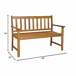 HAPPYGRILL Patio Wood Bench with Ergonomic Backrest & Armrests, 2-Person Outdoor Bench, All-Weather Acacia Wood Frame, Loveseat Outside Bench for Garden Balcony Poolside Porch Deck