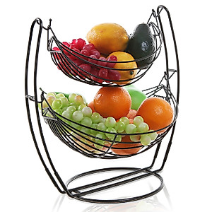 MyGift 2 Tier Black Metal Double Hammock Fruit Basket Vegetables and Produce Storage Rack Display Stand