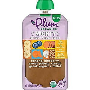 Plum Organics Mighty 4 Organic Toddler Food - Banana, Blueberry, Sweet Potato, Carrot, Greek Yogurt, and Millet - 4 oz Pouch (Pack of 12) - Organic Fruit and Vegetable Toddler Food Pouch