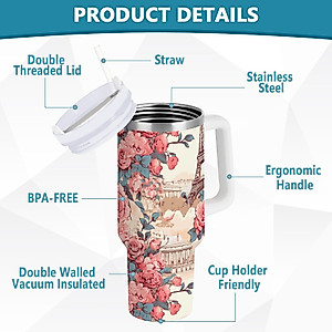 ALAZA Roses Flowers Eiffel Tower 40 oz Tumbler Water Bottle with Straw Lid and Handle,Reusable Insulated Stainless Steel Cup for Women Men Travel Car Cup Holder