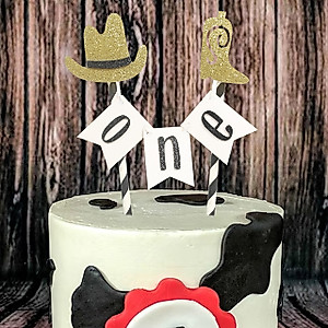 Western Cowboy Theme Birthday Cake Topper - Cowboy Party Supplies For Kids - Glitter Cowboy Hat 1st Birthday Cake Topper - Cowboy Baby Shower Cake Decor - Cowgirl Theme Cake Decorations - Wild West