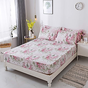 FADFAY Rosette Floral Duvet Cover Sweet Pink Girls Bedding Set 100% Cotton Ultra Soft Bed Sheets Set,5Pcs (1 Duvet Cover +1 Fitted Sheet+ 1 Flat Sheet +2 Standard Pillowcases), Twin Size