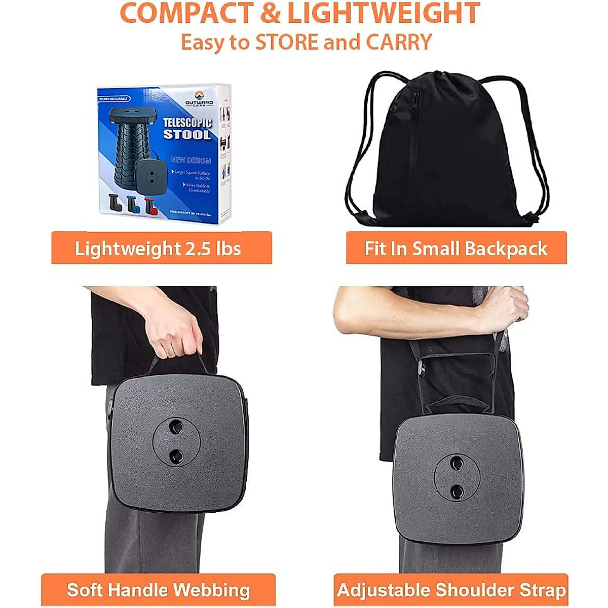 Outward Gear Upgraded Collapsible Stool Large Square Portable Folding Chair for Adults Camping Stool Sturdy Foldable Retractable Telescoping Stool (Black)