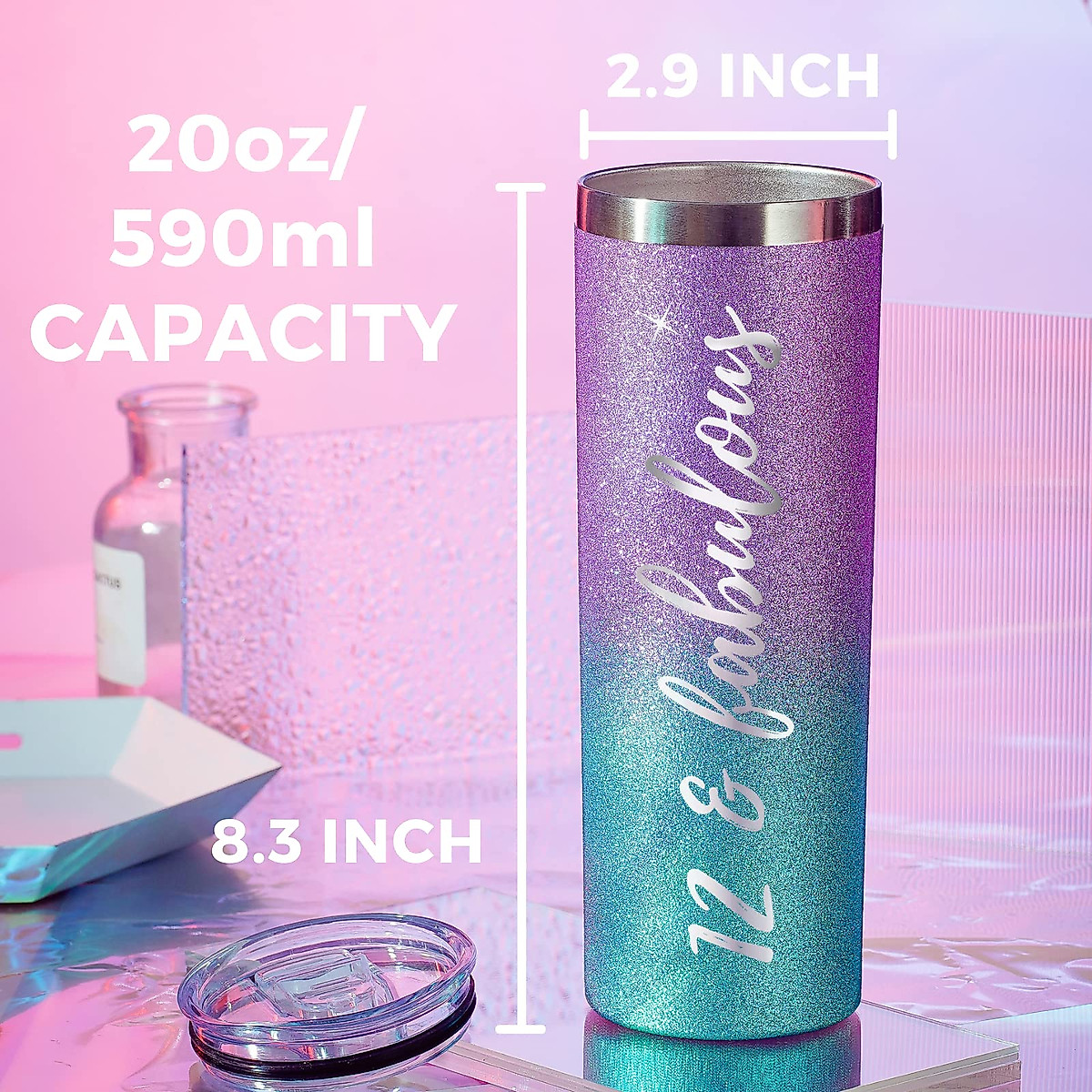 Onebttl Birthday Gifts for 12 Year Old Girl -12 & Fabulous - Tween Girl Gifts, Unique Design 20oz Skinny Tumbler, Novelty 12th Birthday Gifts for Girls, Card & Package Included - Blue Purple