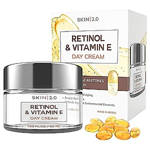 Skin 2.0 Retinol and Vitamin E Daily Face Moisturizer - Reduce Acne Scars, Hydrating, Restore Sun Damaged Skin, Anti-aging Day Cream - Cruelty Free Korean Skincare For All Skin Types - 1.69 Fl. oz