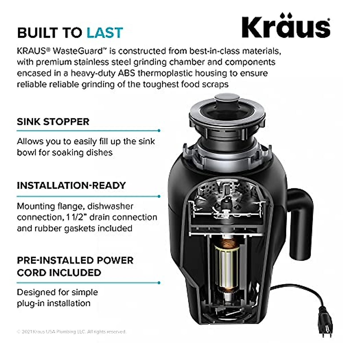 KRAUS Forteza™ 33” Dual Mount 60/40 Double Bowl Granite Kitchen Sink in Black with WasteGuard™ Continuous Feed Garbage Disposal, KGD-50BL-100-75MB