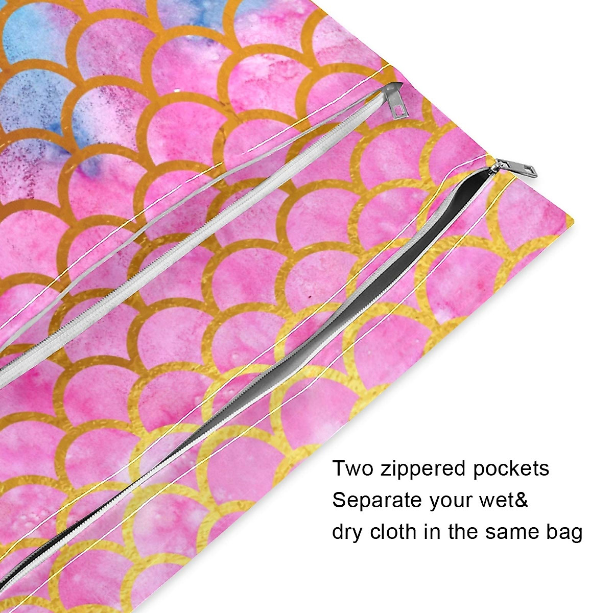 Sea Mermaid Scales Wet Dry Bags Sets Colorful Cute Baby Cloth Diaper Bag Waterproof Reusable Organizer with Two Zippered Pockets Beach Travel Washable Bag for Swimsuits Wet Clothes 2 pcs