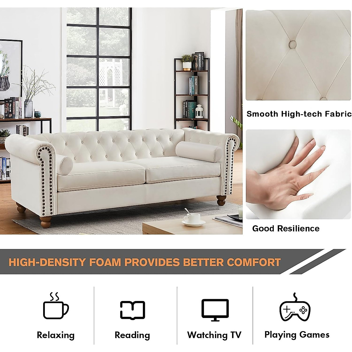 LAVHOME Classic Traditional Living Room Upholstered high-tech Surface/Chesterfield Tufted Fabric Sofa Couch, Large-White