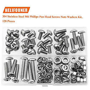 HELIFOUNER 128 Pieces M6 x 8mm /10mm /12mm /16mm /20mm /25mm /30mm, Phillips Pan Head Machine Screws, Metric Screws Bolts Washers Nuts Kit, 304 Stainless Steel