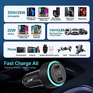 Dual USB C Super Fast Car Charger, GRNLFFF 60W Dual PD 30W All-Metal Adapter Compatible with iPhone 14/13/12/pro/pro max, iPad Pro, Samsung Galaxy S22 Ultra with 4FT Fast Type C to C Cable