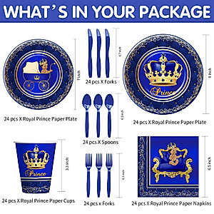 Xenorik Royal Prince Baby Shower Decorations Party Tableware Boys - Blue Gold Little Prince Baby Boy Decorations Supplies, Plate, Napkin, Cup, Cutlery, Prince Baby Boy Table Decorations | Serve 24