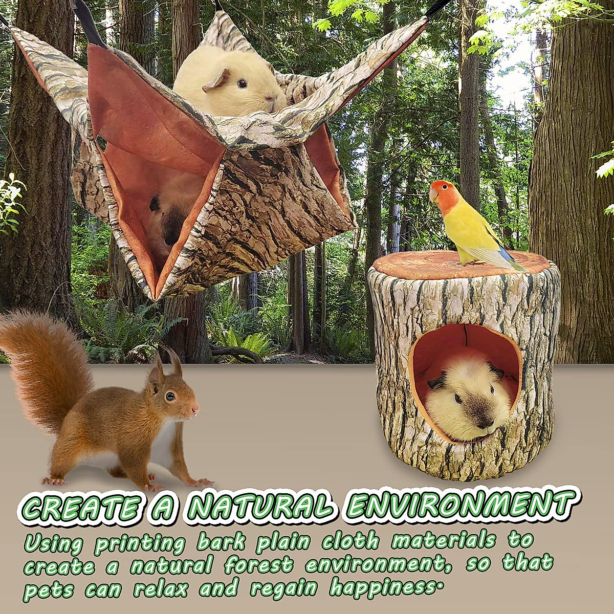 EAEDMY Guinea Pig Rat Ferret Tree Hole Bed and Hammock Tunnel, Ferret Hanging Bunk Bed Hammock, Parrot Bird Tree Hole, Small Animals Hideout and Soft Bed (3.Tree Hole Bed)