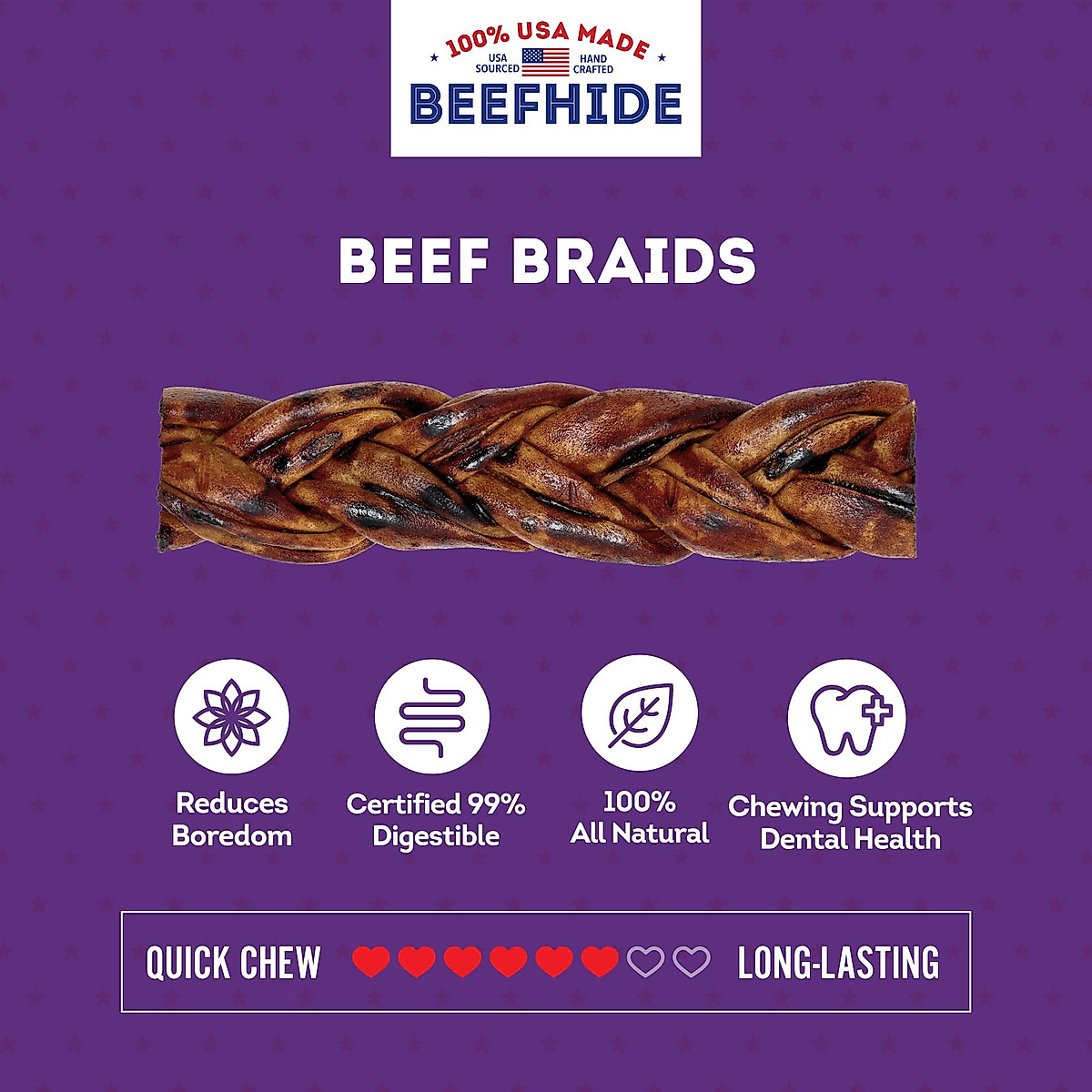 Treatly USA Beefhide Braids 7-8" Dog Chew Treats - Beef Flavor, 6 Count/1 Pack