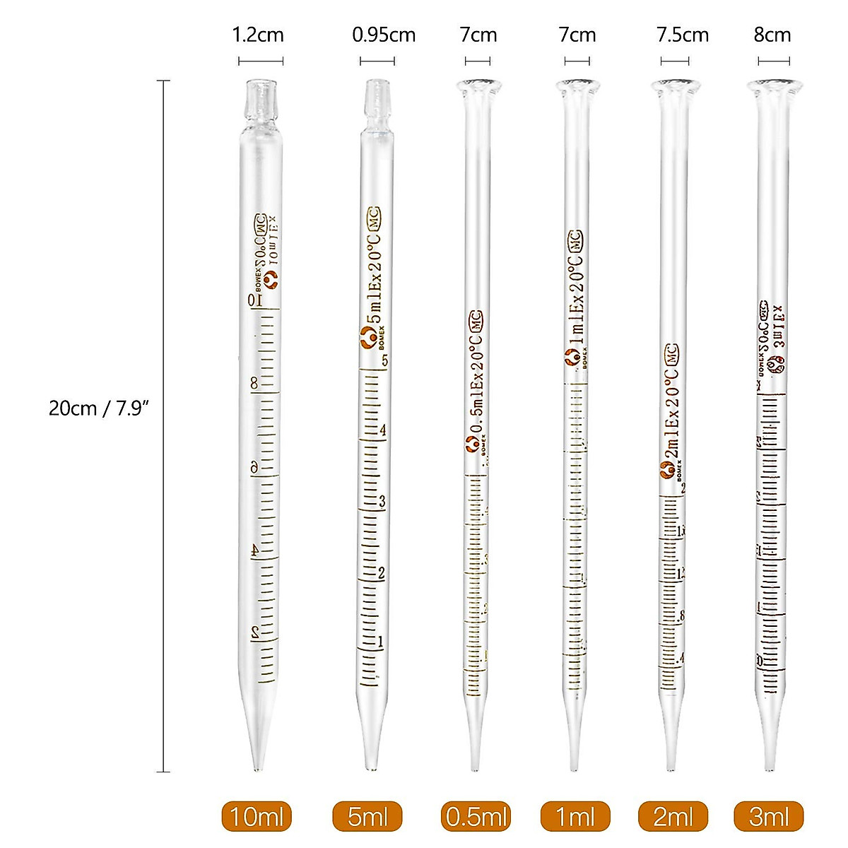 HOAOH 6 Pieces Glass Pipettes 10ml 5ml 3ml 2ml 1ml 0.5ml Glass Graduated Dropper Pipette for School, Students, Transfer for Liquid Essential Oil