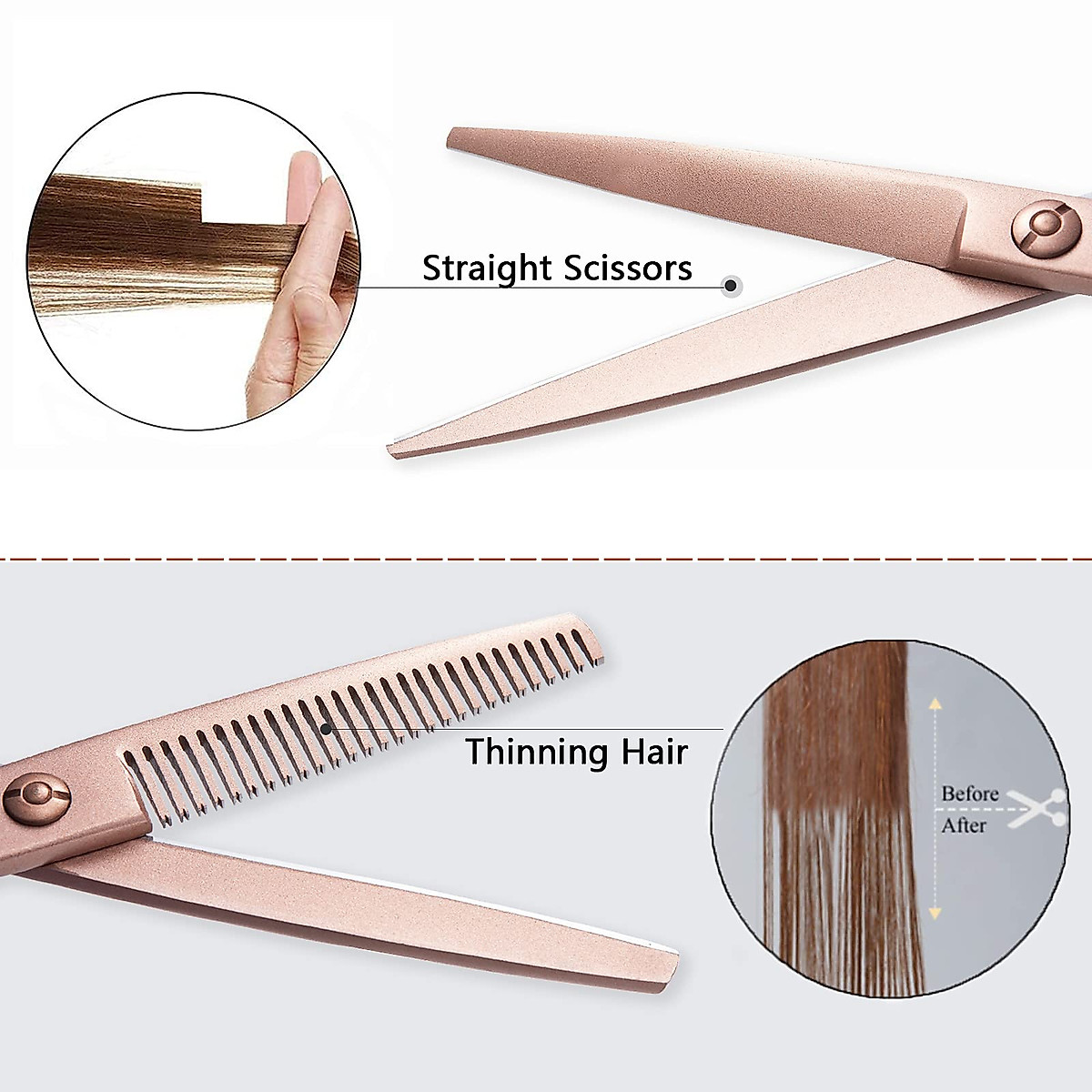 PURPLEBIRD Hair Cutting Scissors Thinning Shear Set Professional Barber 6 inch Texturizing Blending Shear Razor Edge Haircut Styling Kit for Men, Women, and Kids, Japanese Stainless Steel, Rose Gold