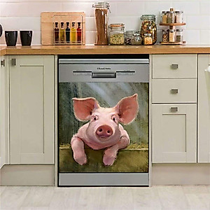 Oil Painting of Animal Cute Pig Dishwasher Door Cover Removable Vinyl Panel Decal Magnetic Refrigerator Stickers 23" W x 26" H