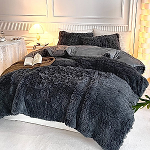 Shaggy Comforter Set Black Queen Size 3 Pieces Winter Faux Fur Comforter Set with 2 Pillowcases Ultra Soft and Easy Care Luxury Plush Warm Super Fleece Velvet Flannel Bedding Set