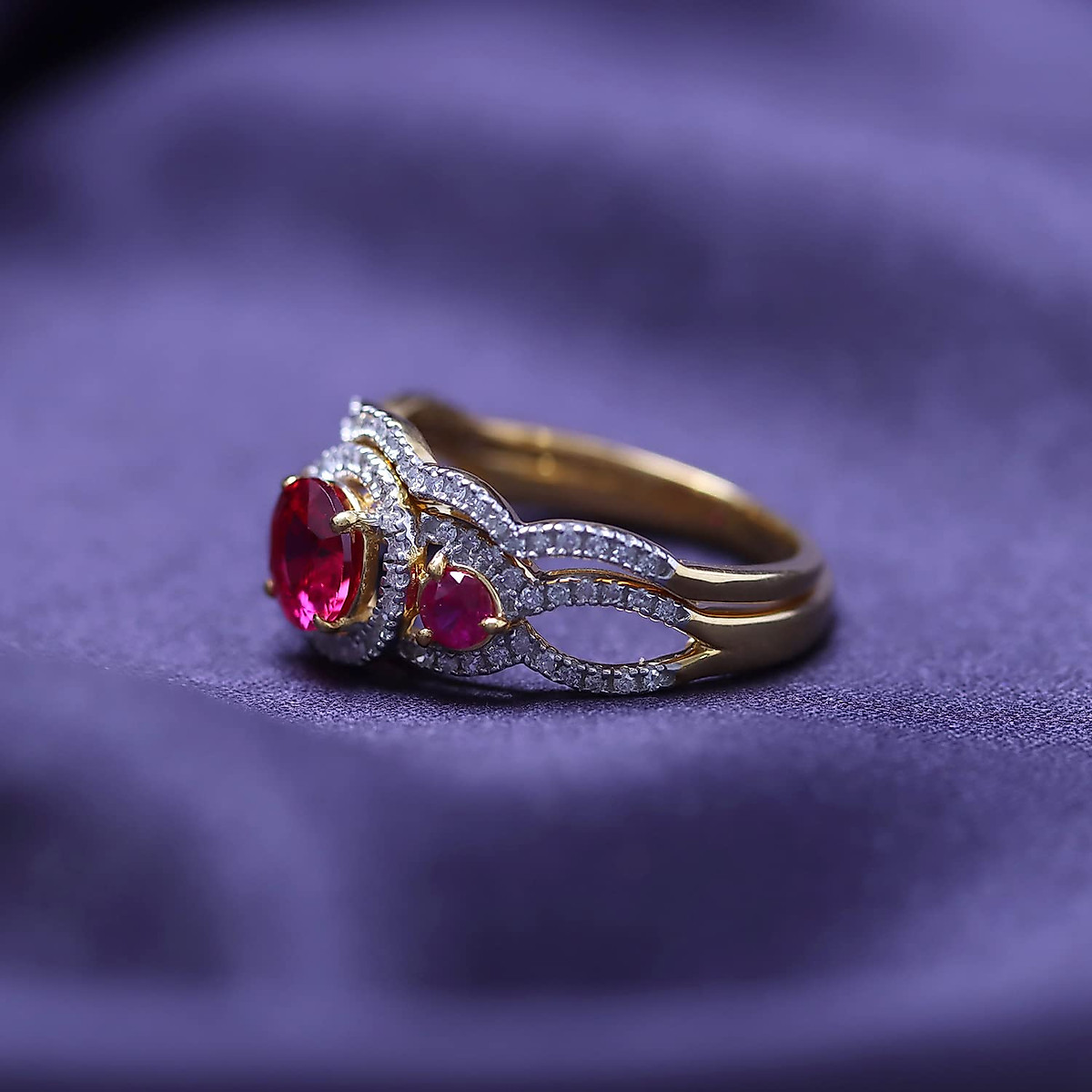 GEMVIO Collection Three Stone Ring, Round Cut Lab Created Ruby Gemstone & Natural Diamond Halo Bridal Set Engagement Ring In 14K Yellow Gold Over Sterling Silver Wedding Band Ring-8