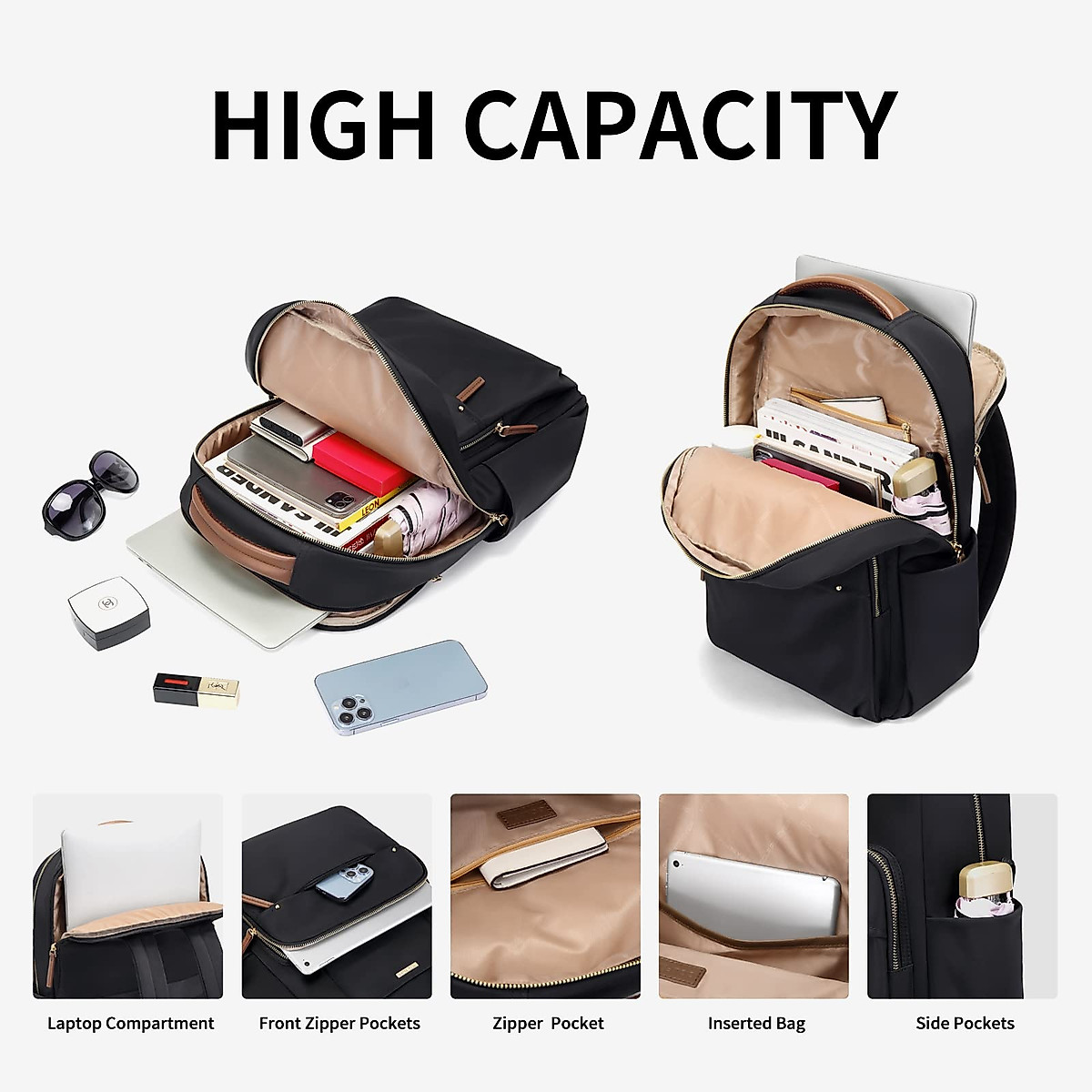 GOLF SUPAGS Laptop Backpack for Women Computer Bag Casual Daypack Fits 15.6 Inch Notebook Work Travel Backpacks (Black)