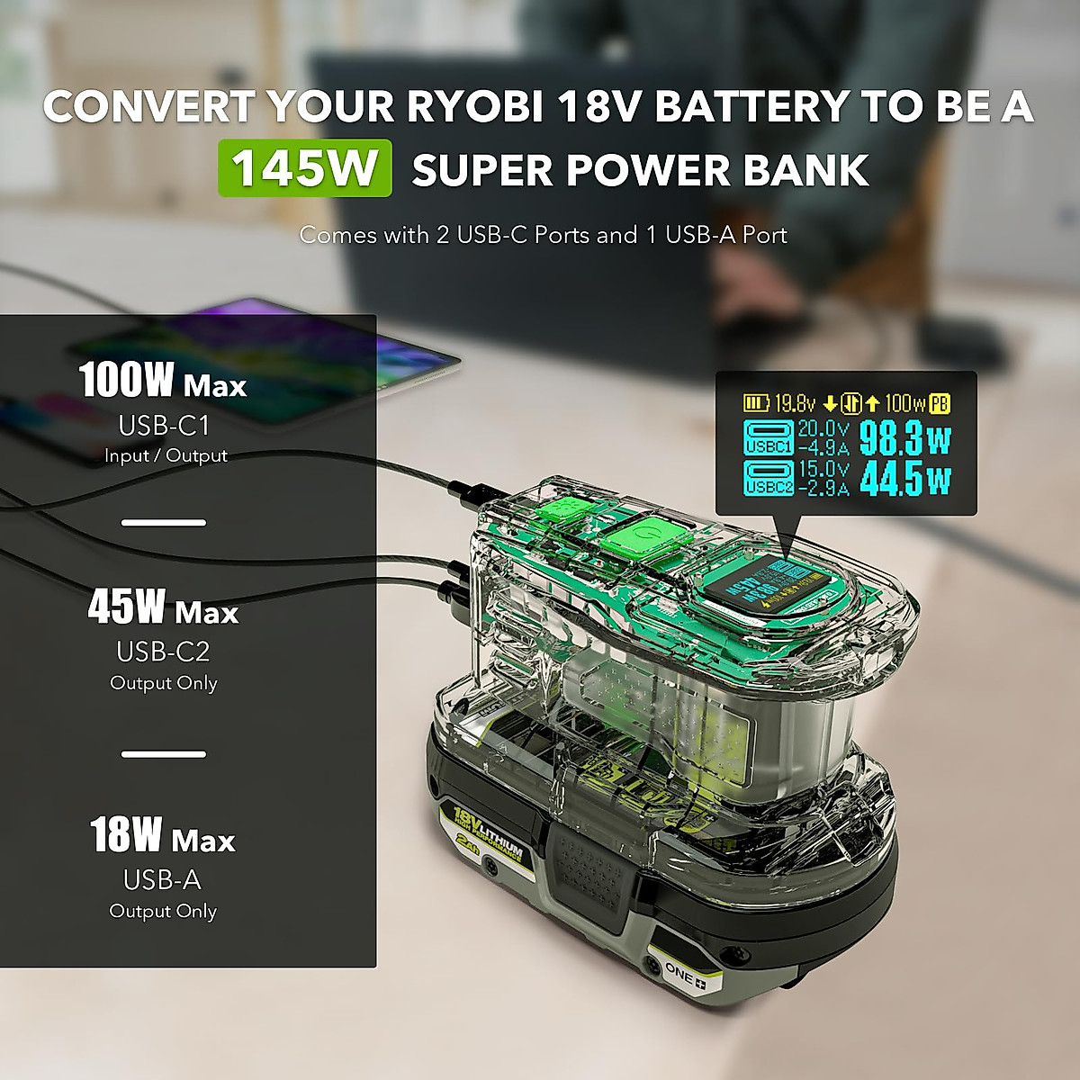 SYMIK 100W Charger & 145W Power Source for Ryobi 18V Batteries, Advanced Two-Way Charger & Portable Power Source w/OLED Screen for Ryobi 18 Volt Li-ion, 2 USB-C & 1 USB-A Port, LED Task Light (PSC)