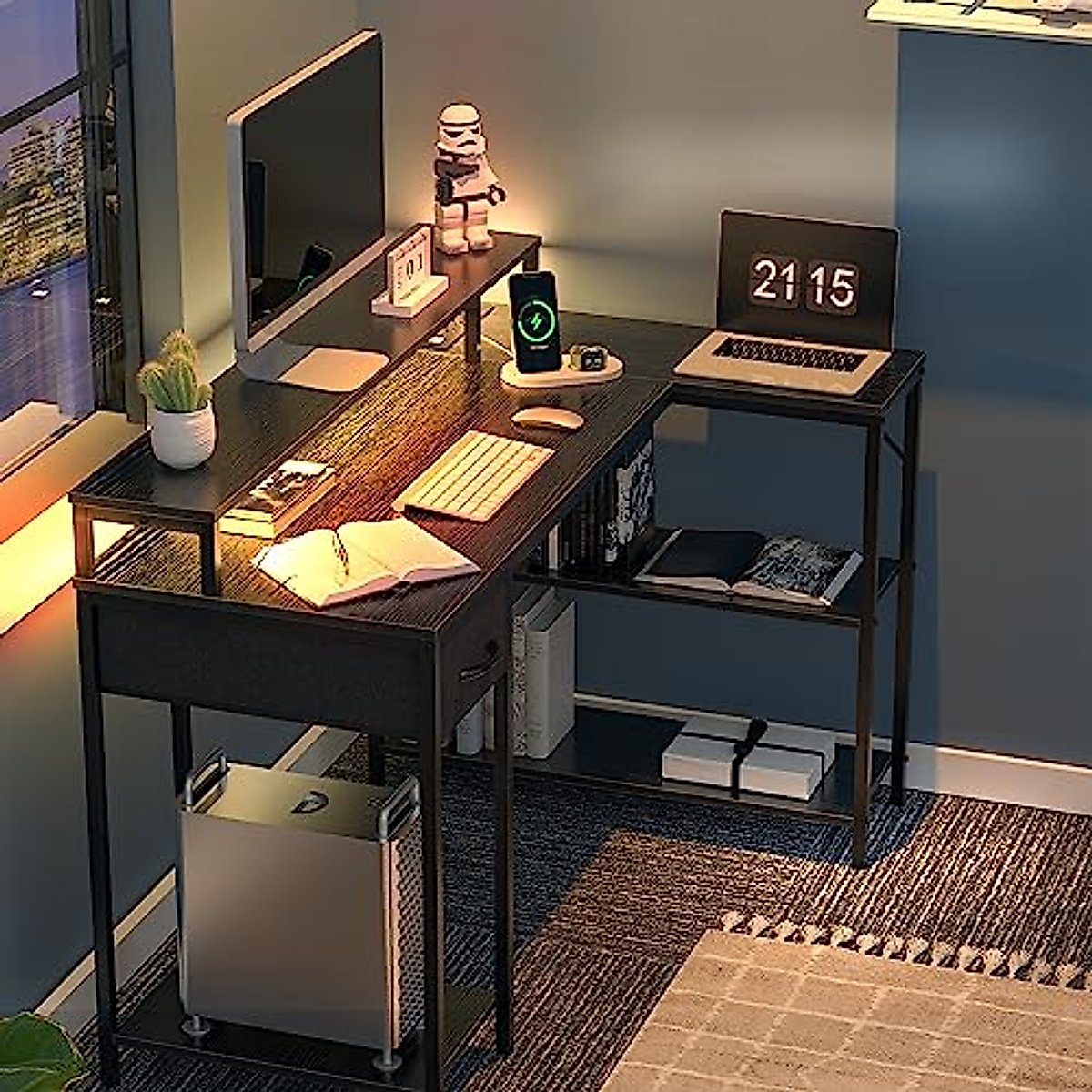 SUPERJARE L Shaped Gaming Desk with LED Lights & Power Outlets Reversible Computer Desk and Nightstands Set of 2 with Charging Station & LED Light Strips, Black