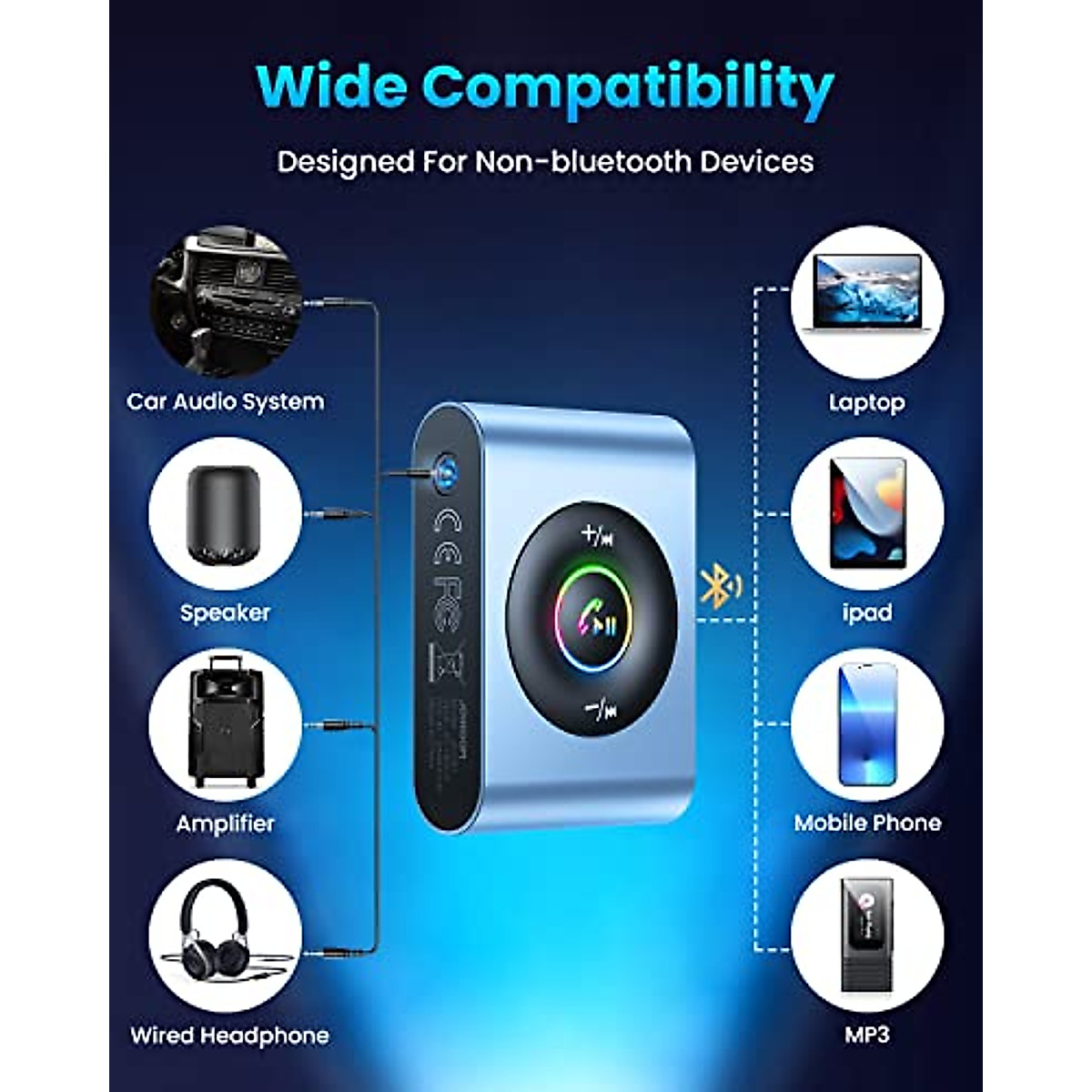 Bluetooth 5.3 AUX Adapter for Car,【Enhanced Mic & LED Digital Display】【22H Battery Life & Noise Cancelling】JOYROOM 3.5mm Input Wireless Receiver for Car Audio/Home Stereo, Metal