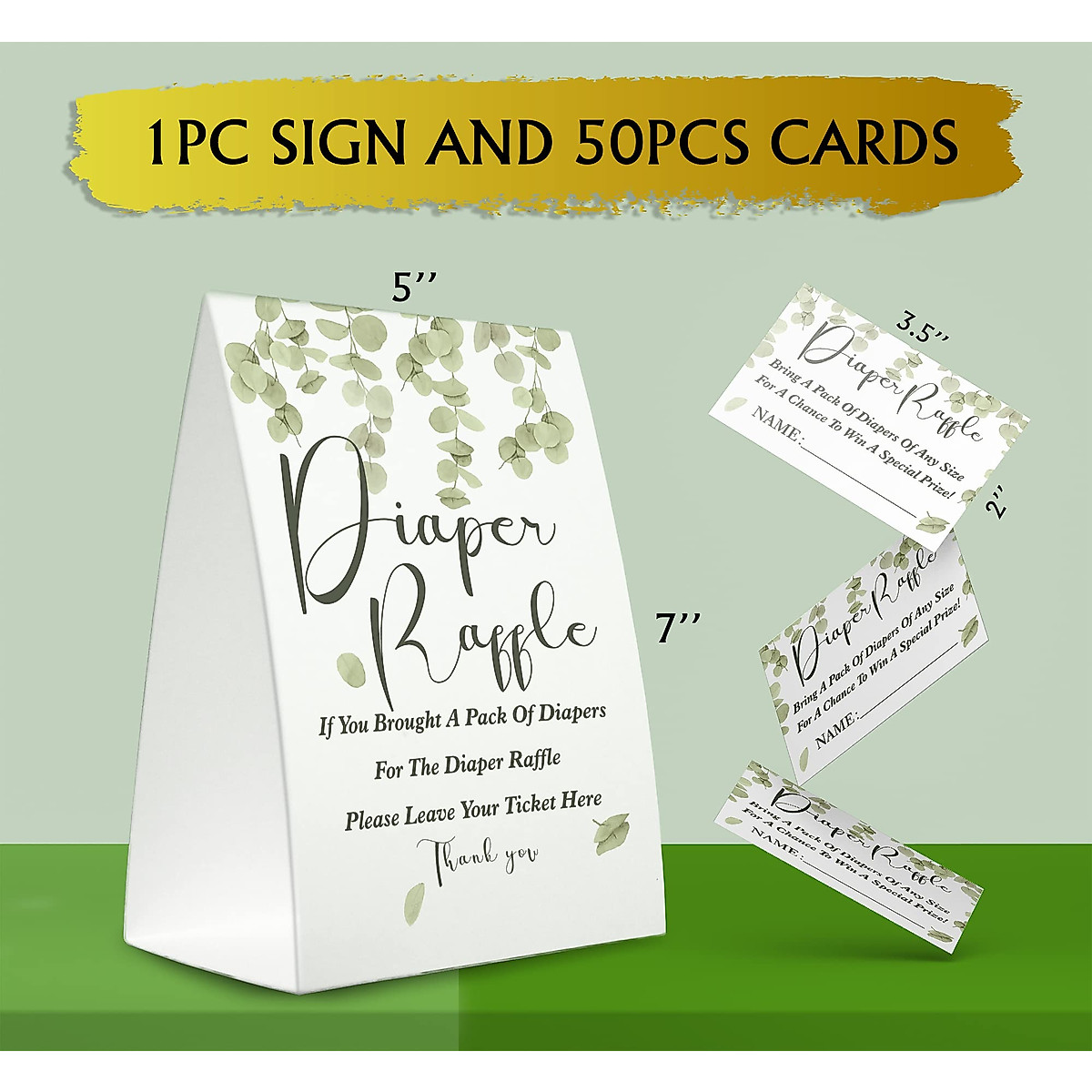 Diaper Raffle Sign,Diaper Raffle Baby Shower Game Kit (1 Standing Sign + 50 Guessing Cards),Greenery Insert Ticket,Baby Showers Decorations,Card for Baby Shower Game to Bring a Pack of Diapers-XN03